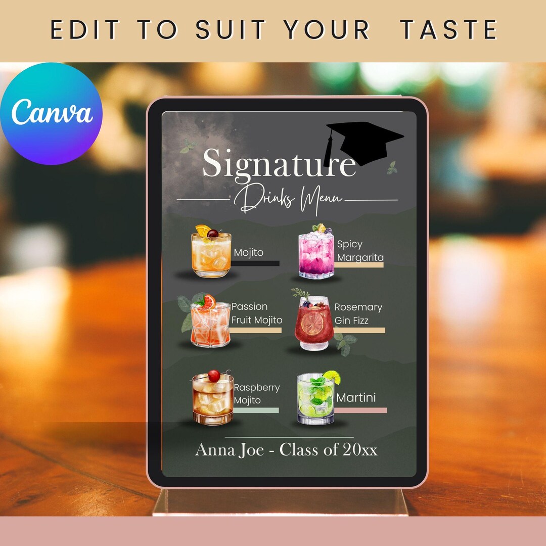 Graduation Bar Menu Sign Template, Printable Elegant Grad Party Drinks ...