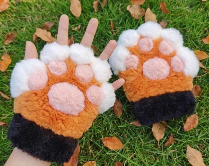 Fluffy Orange Fox Paw Mittens | Cute Cat Claw Gloves | Winter Plush ...