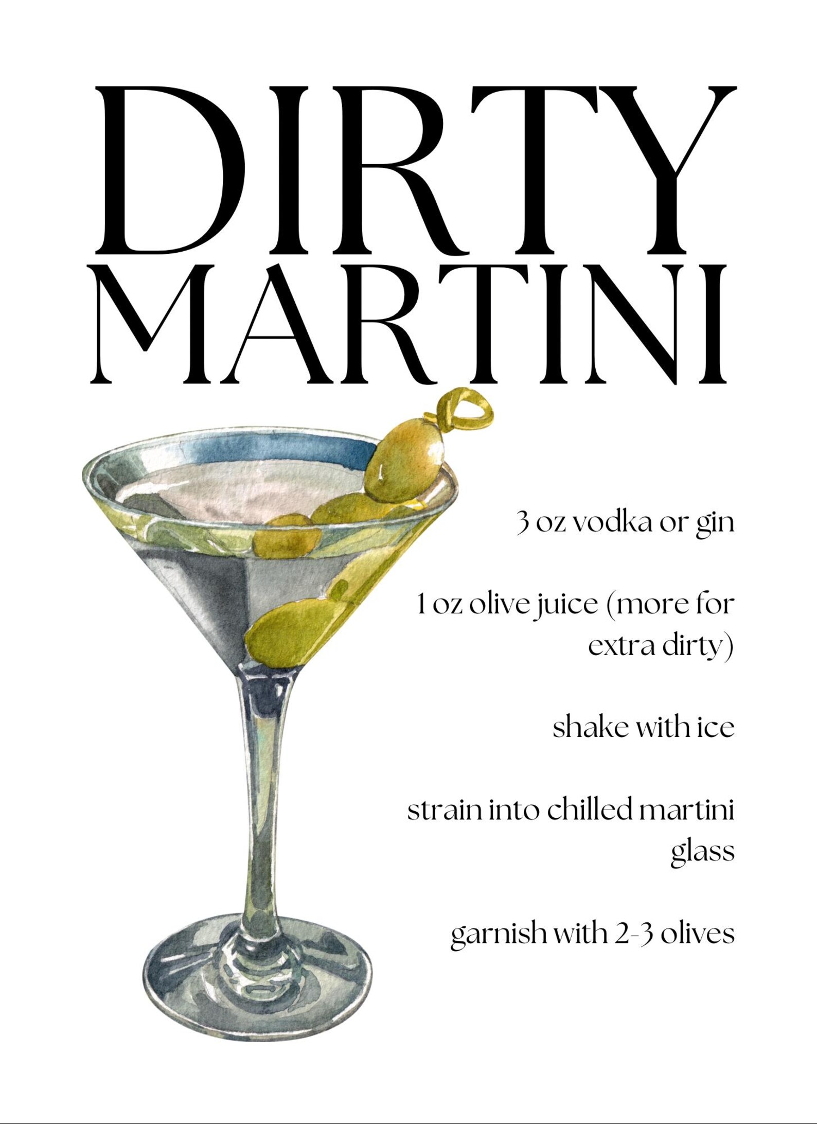 Printable Dirty Martini Recipe, Home Bar Decor (instant Download) - Etsy