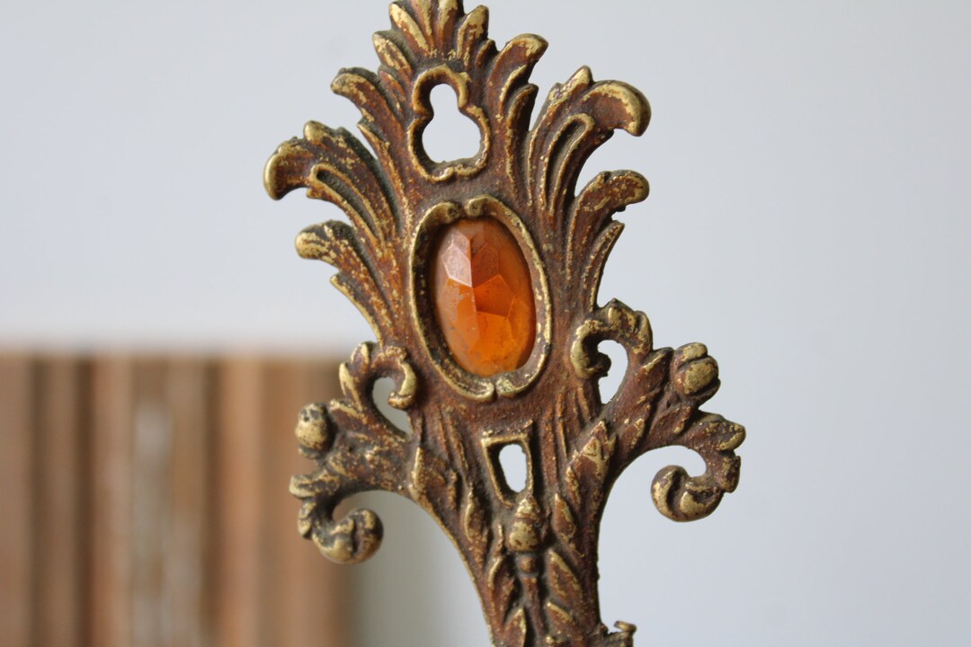 Vintage Finial Ornate Brass W/ Amber Glass Lamp Light Topper Post ...
