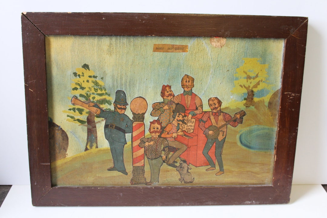Vintage Framed Mixed Media Art Painting Barber Shop Quartet on Wood ...