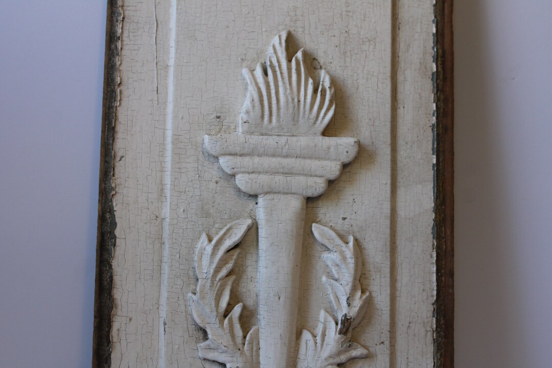 Antique Wood Panel Torch W/ Leaves Aged White Pediment Architectural ...