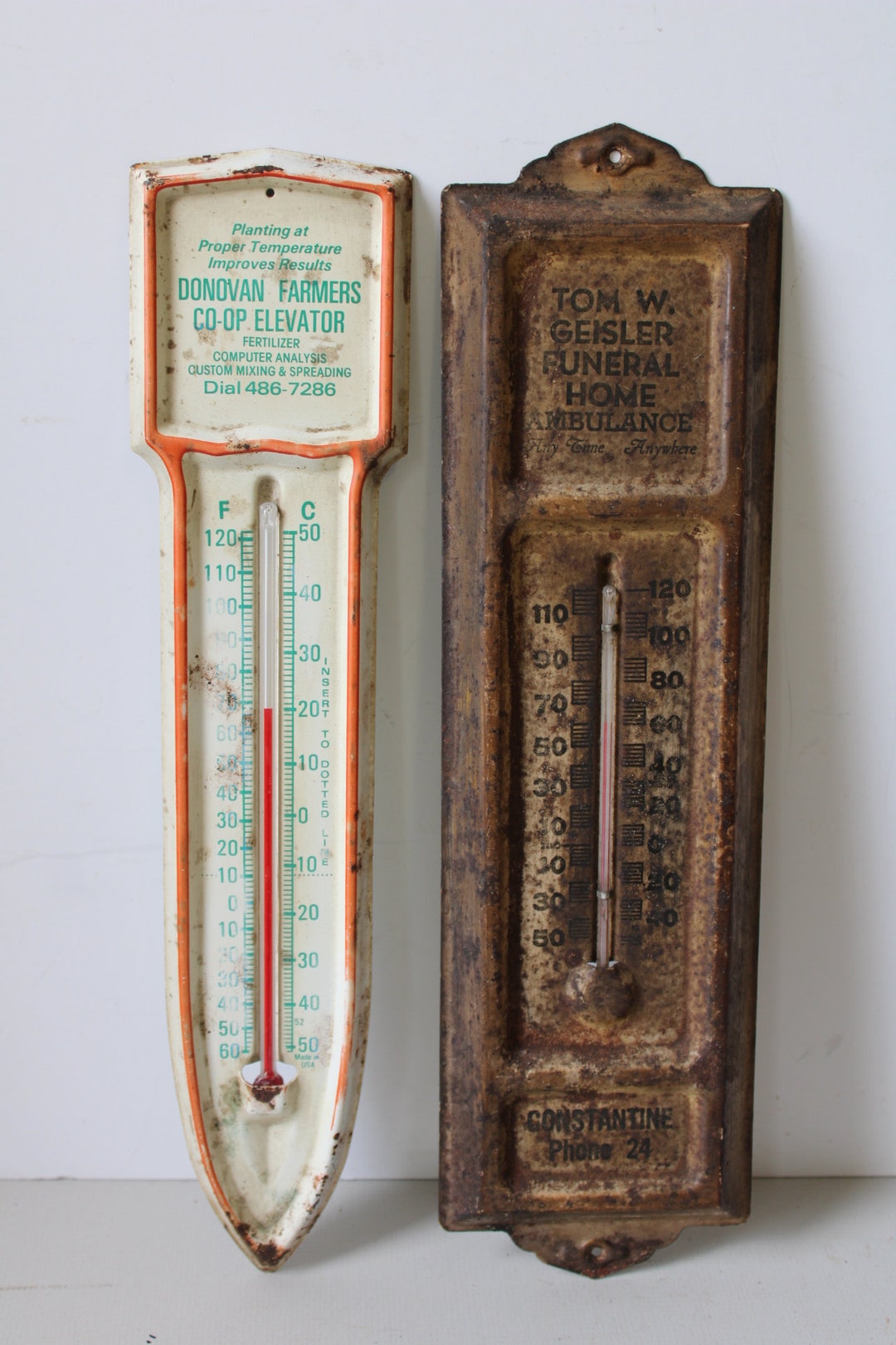Two Vintage Thermometers Tin Advertising Funeral Home & Donovan Farmers ...