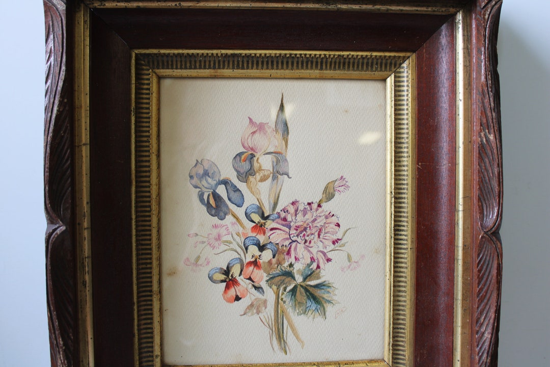 Antique Wood Frame W/ Original Painting Floral Flowers Signed Botanical ...