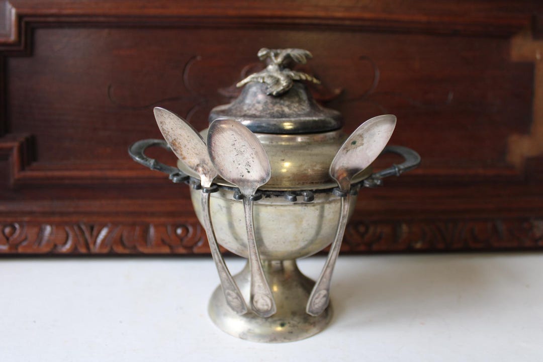 Vintage Lidded Spooner Serving Vessel Flower Finial Spoon Holder Aged ...