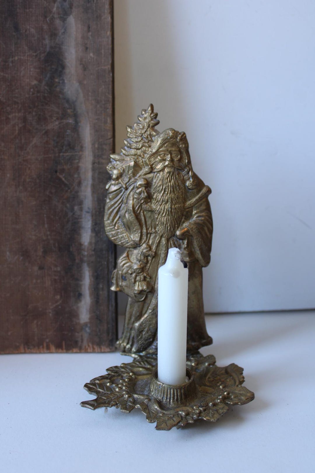 Vintage Brass Santa Candlestick Holder Old World Santa Claus W/ Sack ...