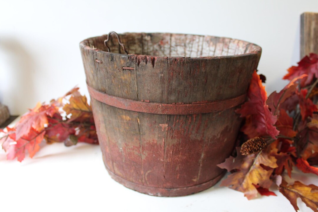 Large Vintage Wood Bucket Antique Primitive Farm Salvage Orchard Pail ...