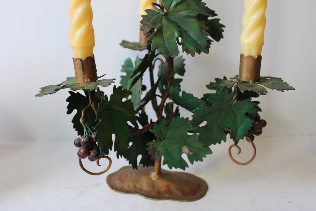Vintage Candelabra 3 Candlestick Leaves Berries Tole Rustic Forest ...