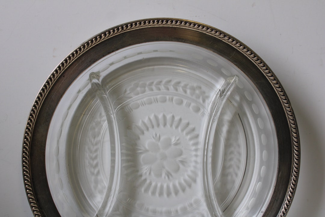 Vintage Glass Serving Plate Sterling Silver Rim Divided Tray Elegant ...
