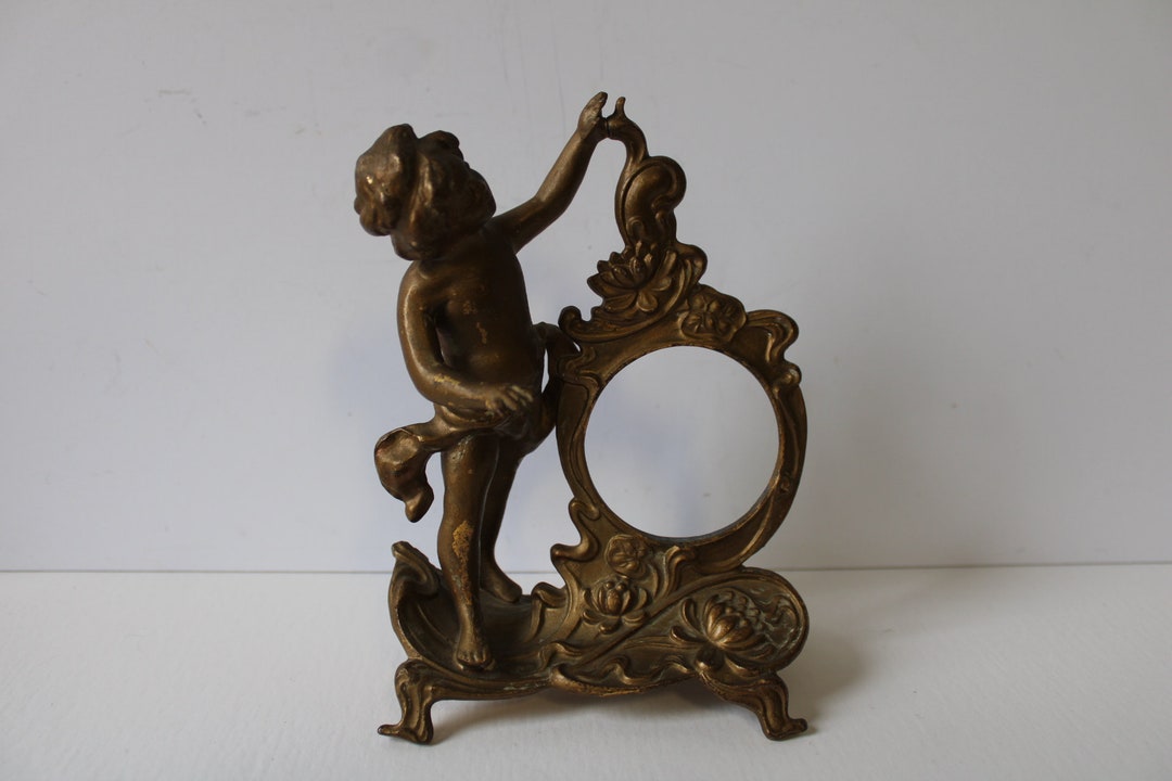 Antique Clock Frame Figural Cherub Child Pedestal Aged Gold Art Nouveau ...