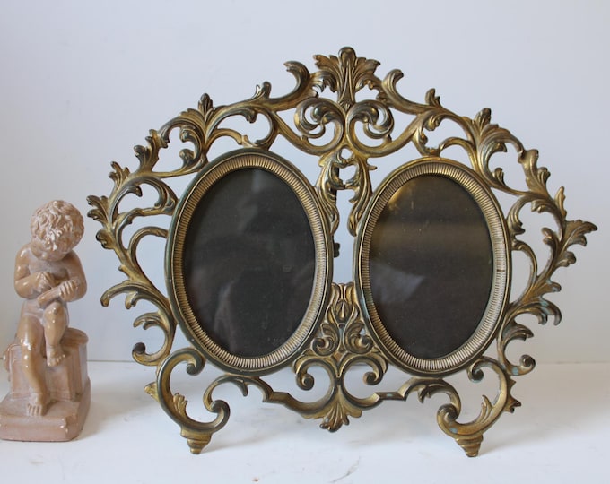 Vintage Ornate Easel Picture Frame 2 Oval Openings Gold Metal Victorian ...