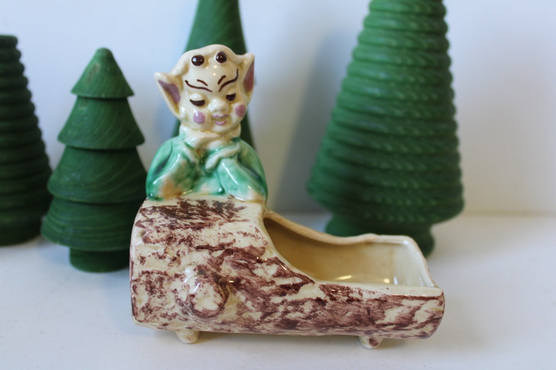 Vintage Pottery Christmas Elf Planter Pincushion Tree Log Woodland ...