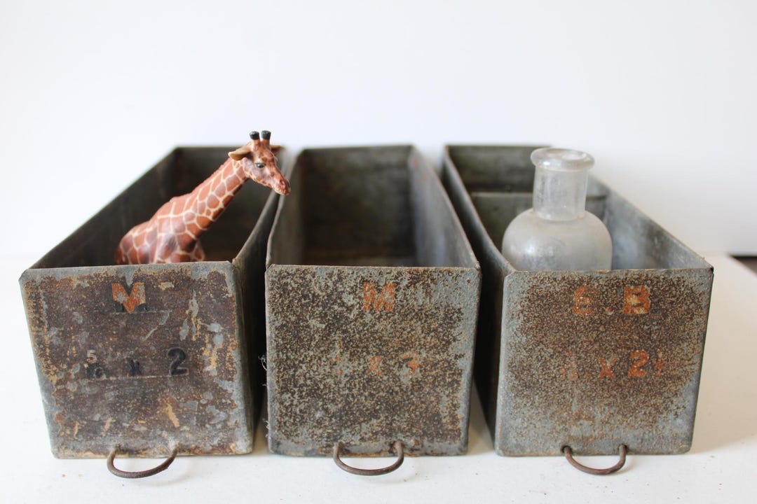 Three Vintage Metal Drawers Industrial Hardware Tool Storage Organizer ...