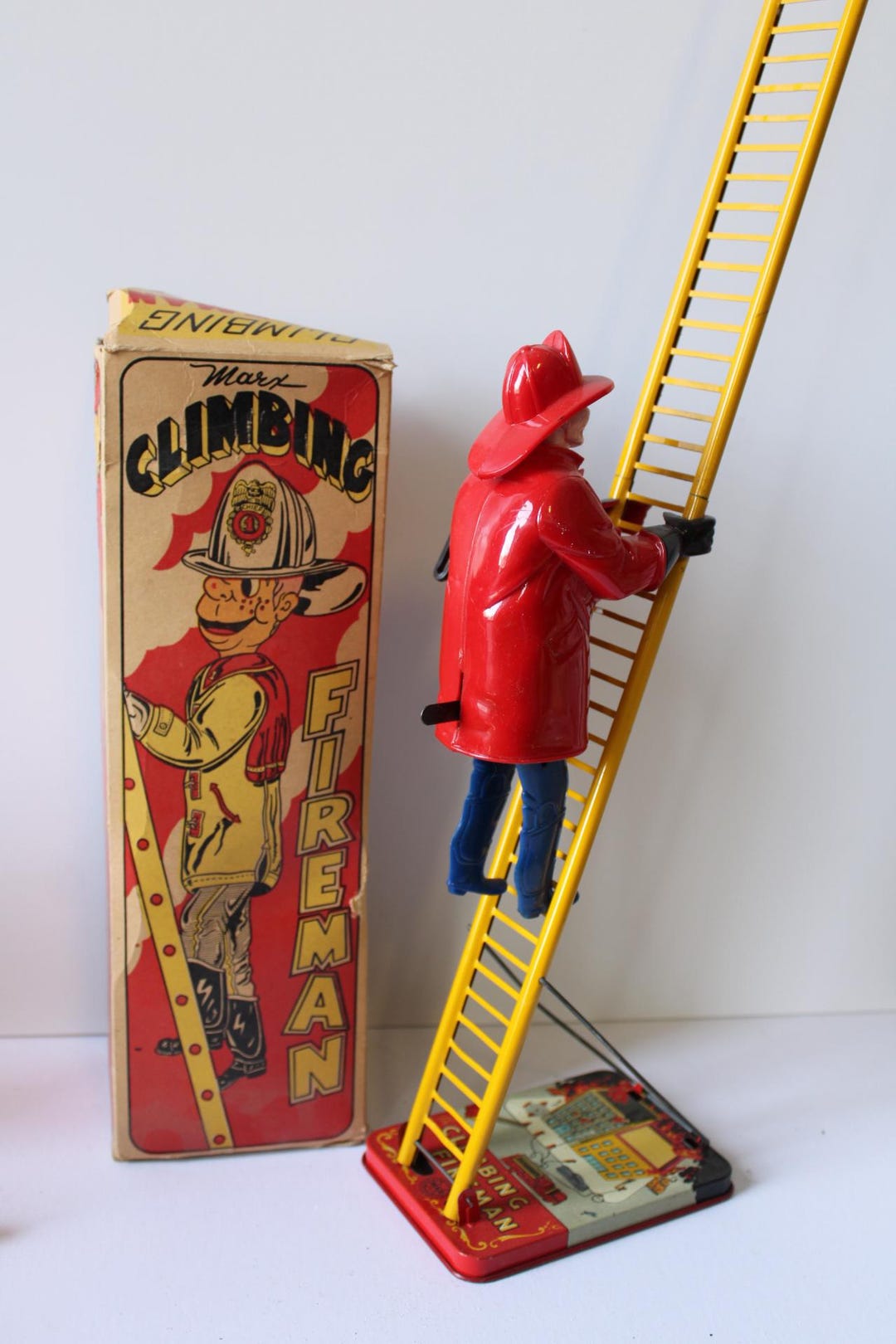 Vintage Wind up Toy Marx Climbing Fireman W/ Box Working Louis Marx ...
