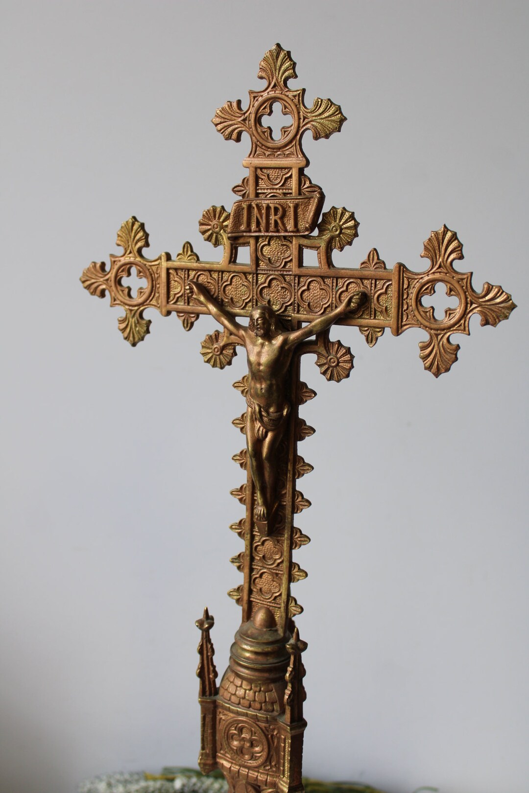 Vintage Brass Crucifix on Pedestal Tall Religious Statuary Ornate ...