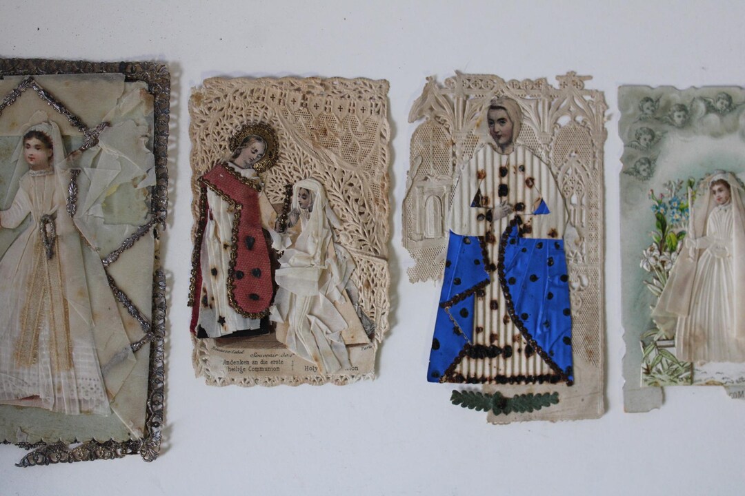 Four Antique Lace Holy Cards Handmade Fabric Religious Prayer Jesus ...