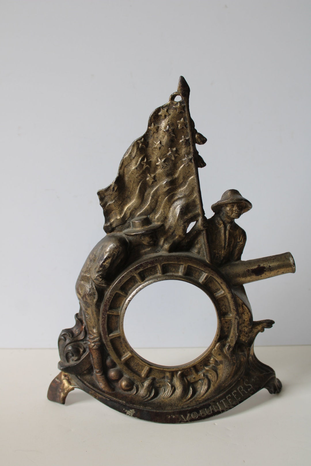 Antique Clock Frame Figural Volunteers Canon 2 Men American Flag Eagle ...