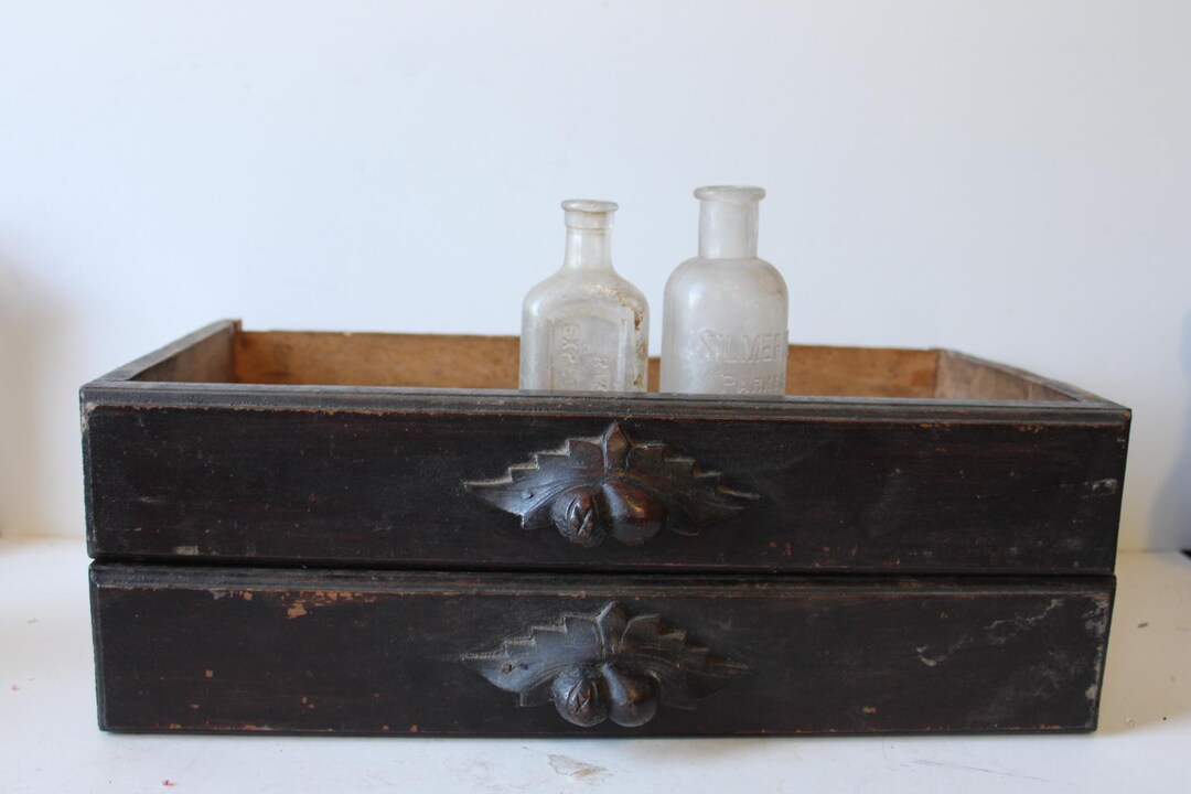 Two Antique Wood Drawers W/ Carved Fruit Handles Rustic Tool Supply ...