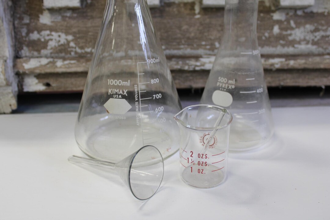 Collection Vintage Glass Laboratory Beakers Funnel Pyrex Kimax Bottles ...