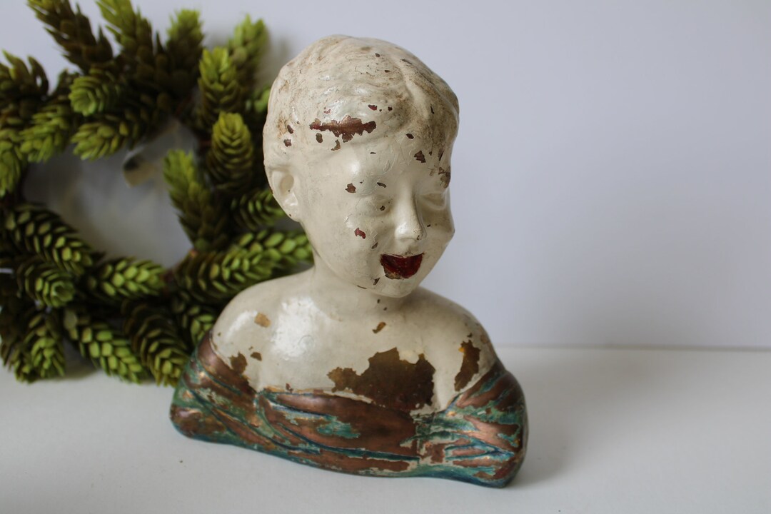 Vintage Figural Bookend Statue Happy Child Boy Girl Chippy Painted Old ...