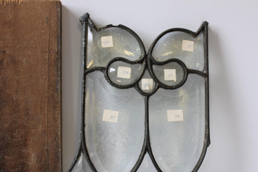 Vintage Leaded Stained Glass Window Panel OWL Piece Part Architectural ...