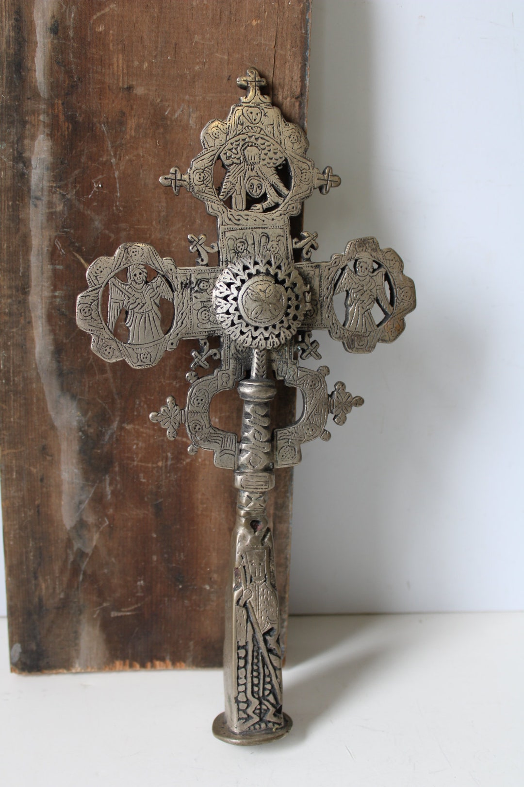 Vintage Silver Ornate Cross Finial Crucifix Church Salvage Pole Staff ...
