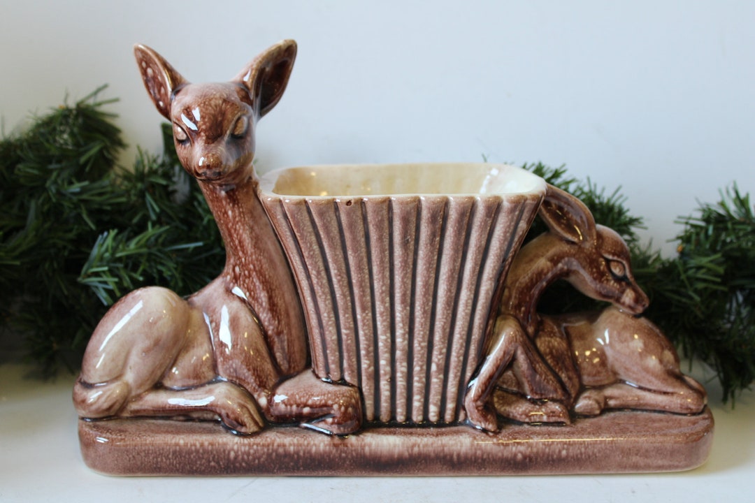 Vintage Planter Pair Deer Fawn Pottery Container Woodland Animal French ...