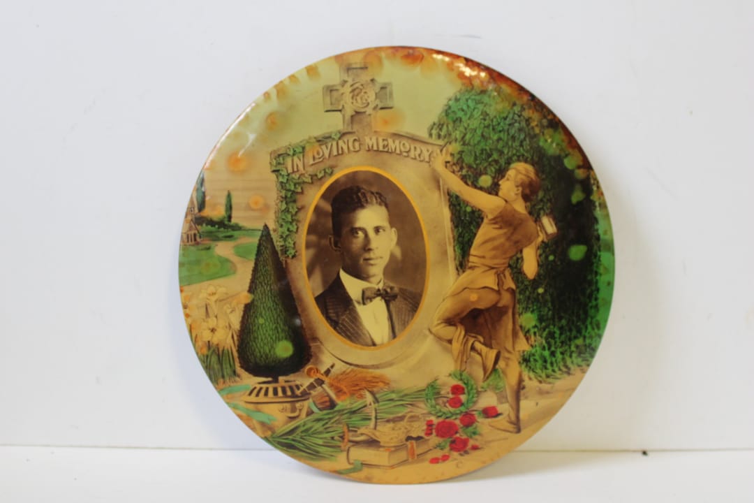 Antique Funeral Tin Button Memorial Grave Tomb Marker Victorian Burial ...