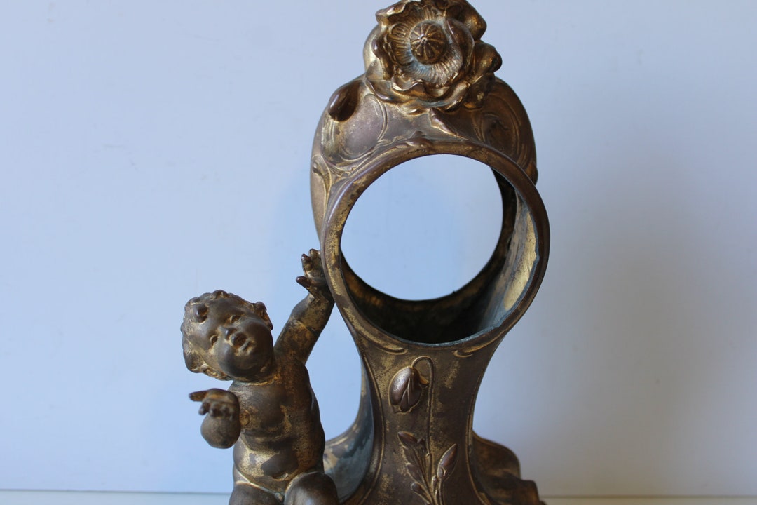 Antique Clock Frame Figural Cherub Child Pedestal Aged Gold Art Nouveau ...