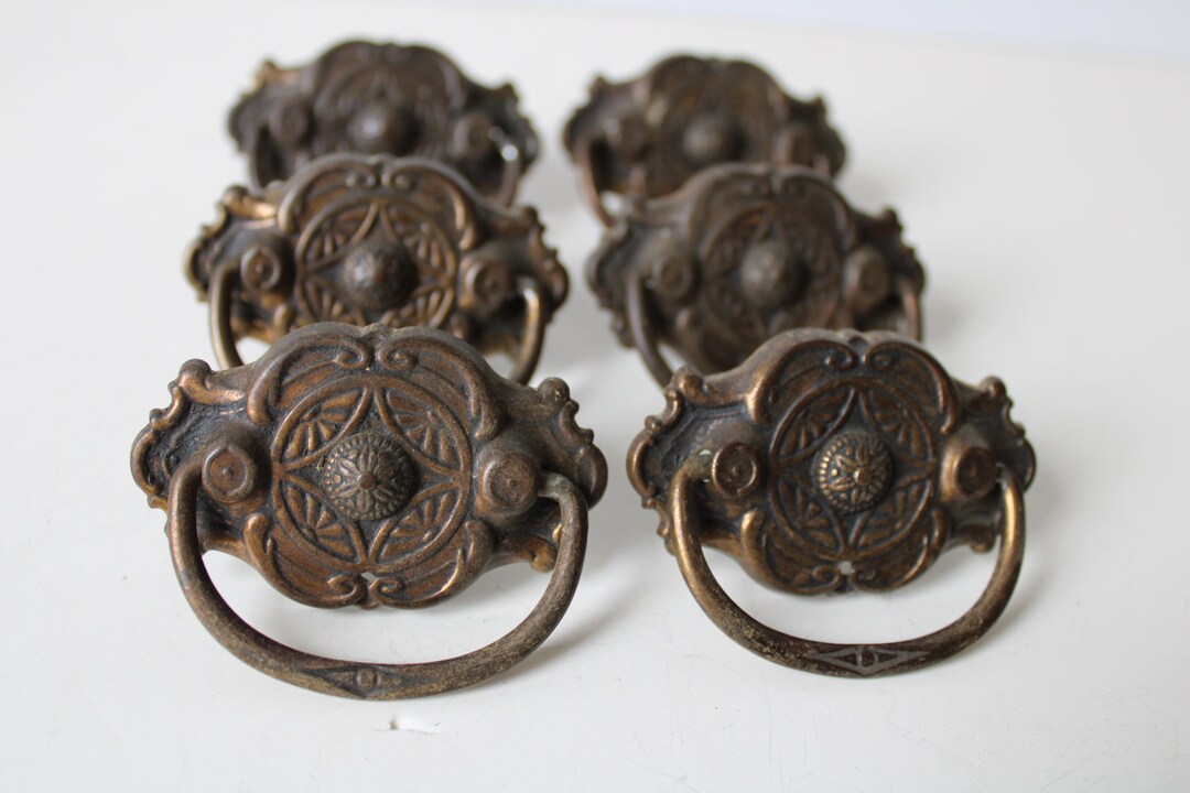 Six Antique Drawer Handles Ornate Drop Pull Architectural Salvage ...