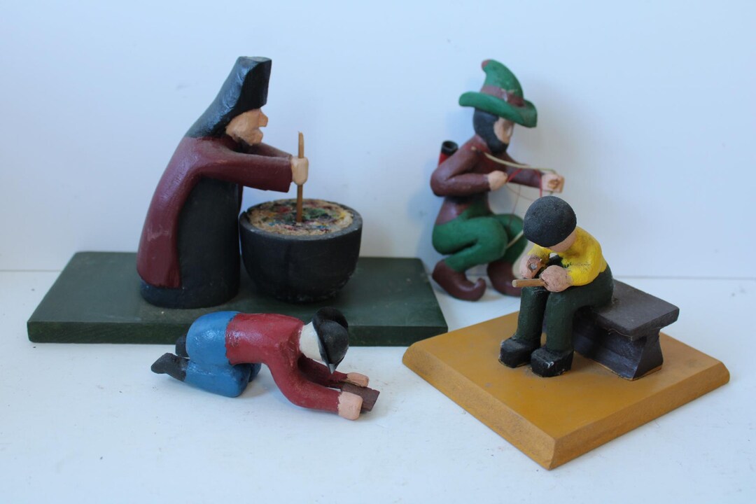 Four Vintage Hand Carved Wood Statues Figures Witch Cauldron Archery ...