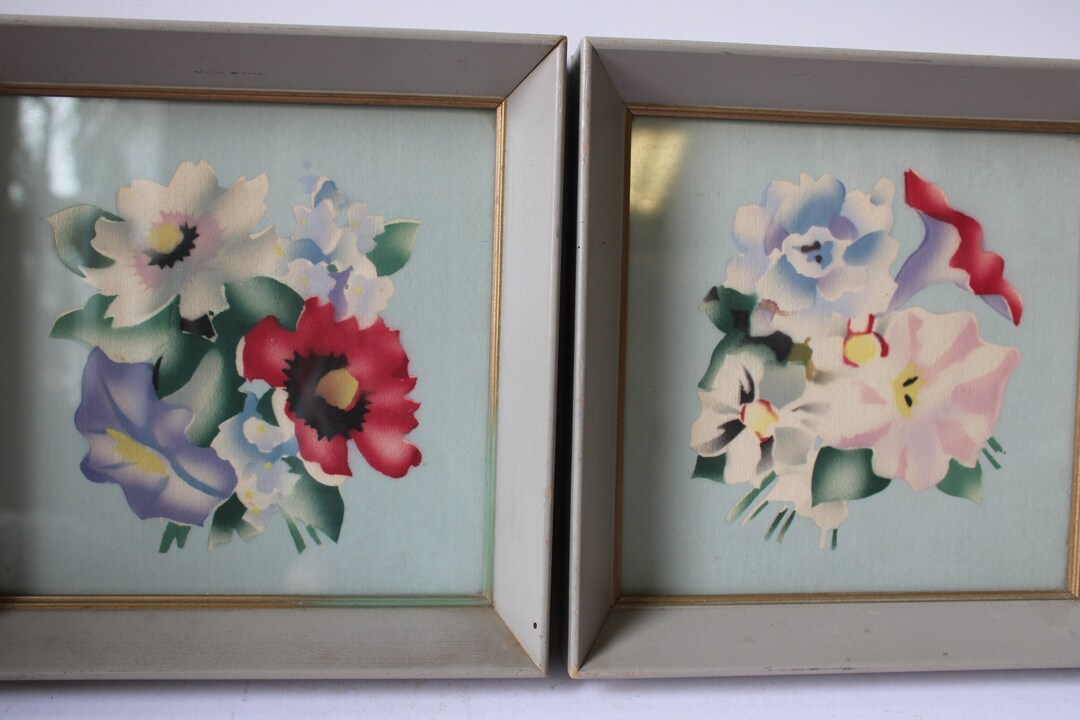 Two Vintage Framed Pictures Flowers Floral Small Square Art Gray Wood ...