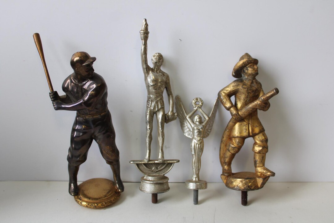 Four Vintage Trophy Toppers Finials Fireman Baseball Torch Winged Woman ...