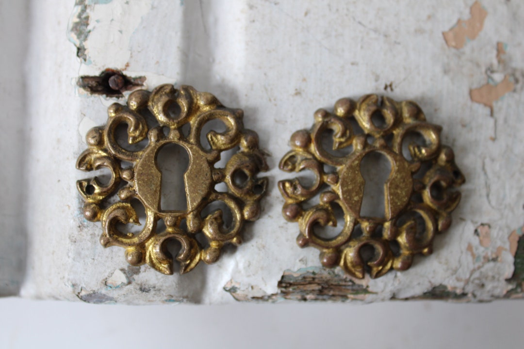 Two Vintage Brass Keyhole Plates Ornate Drawer Cabinet Skeleton Key ...