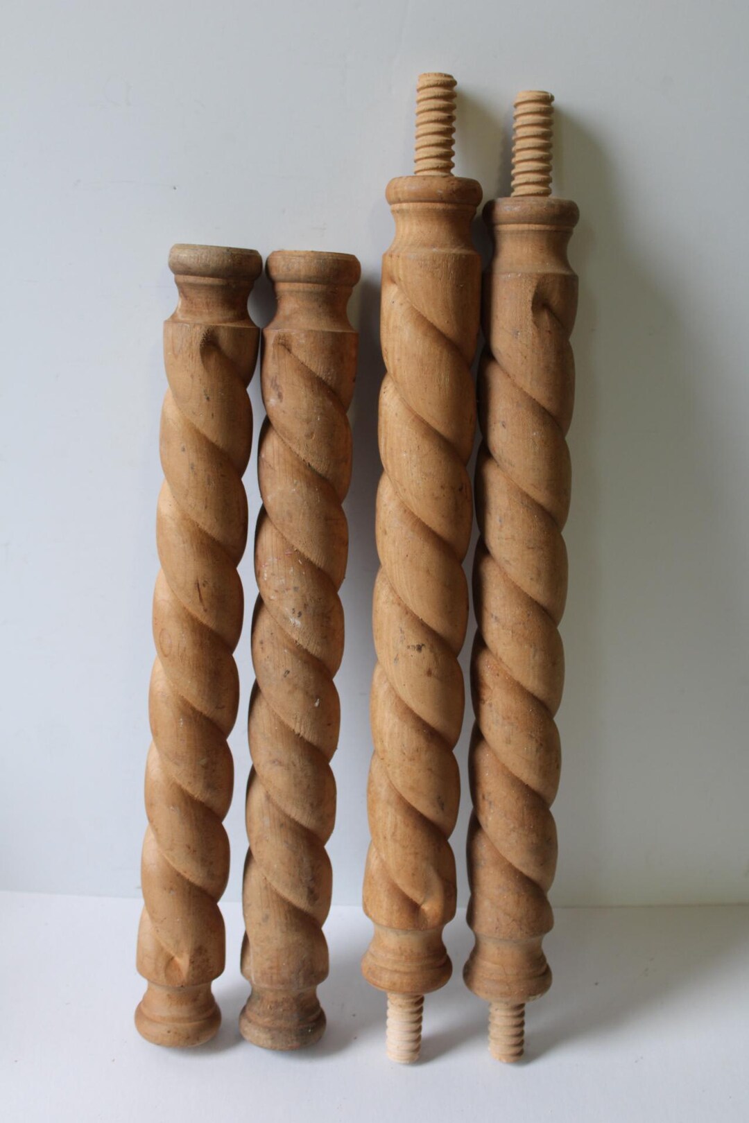 Four Vintage Spiral Wood Posts Adjustable Length Spindles Legs ...