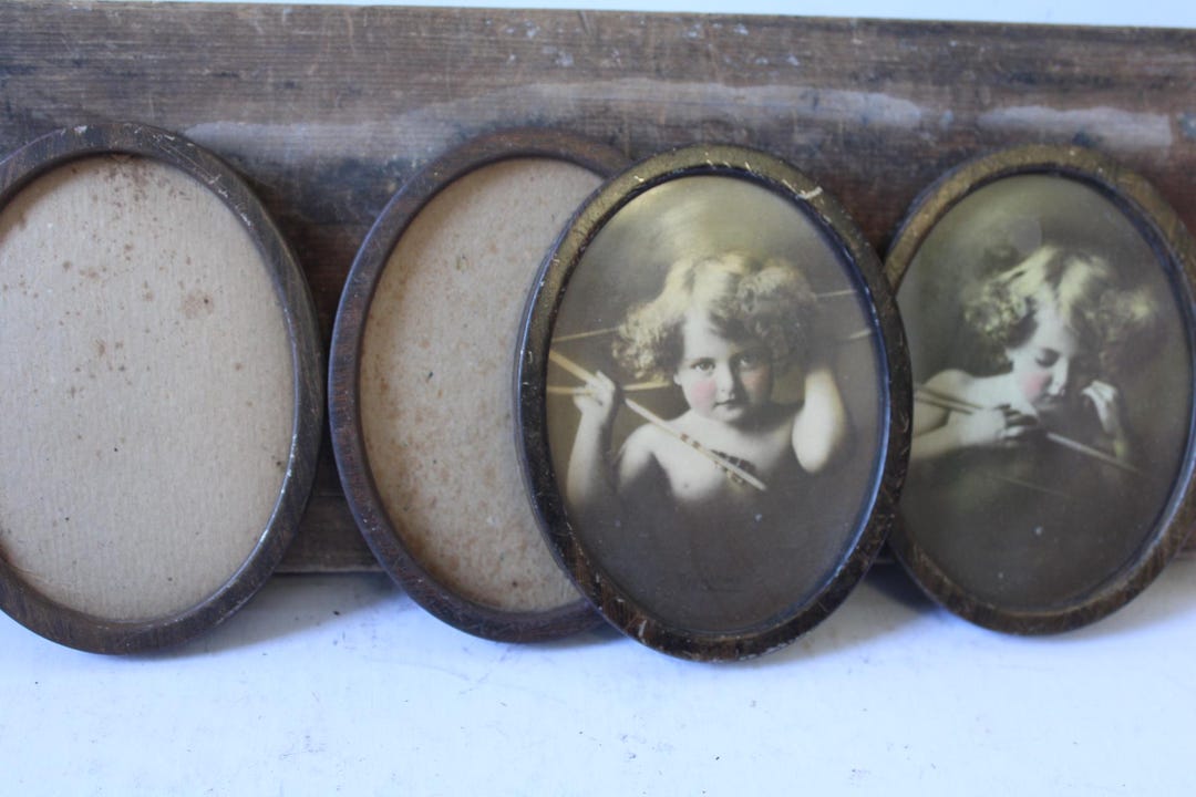 Set of 4 Small Oval Frames Aged Vintage Metal Miniature Picture Framing ...