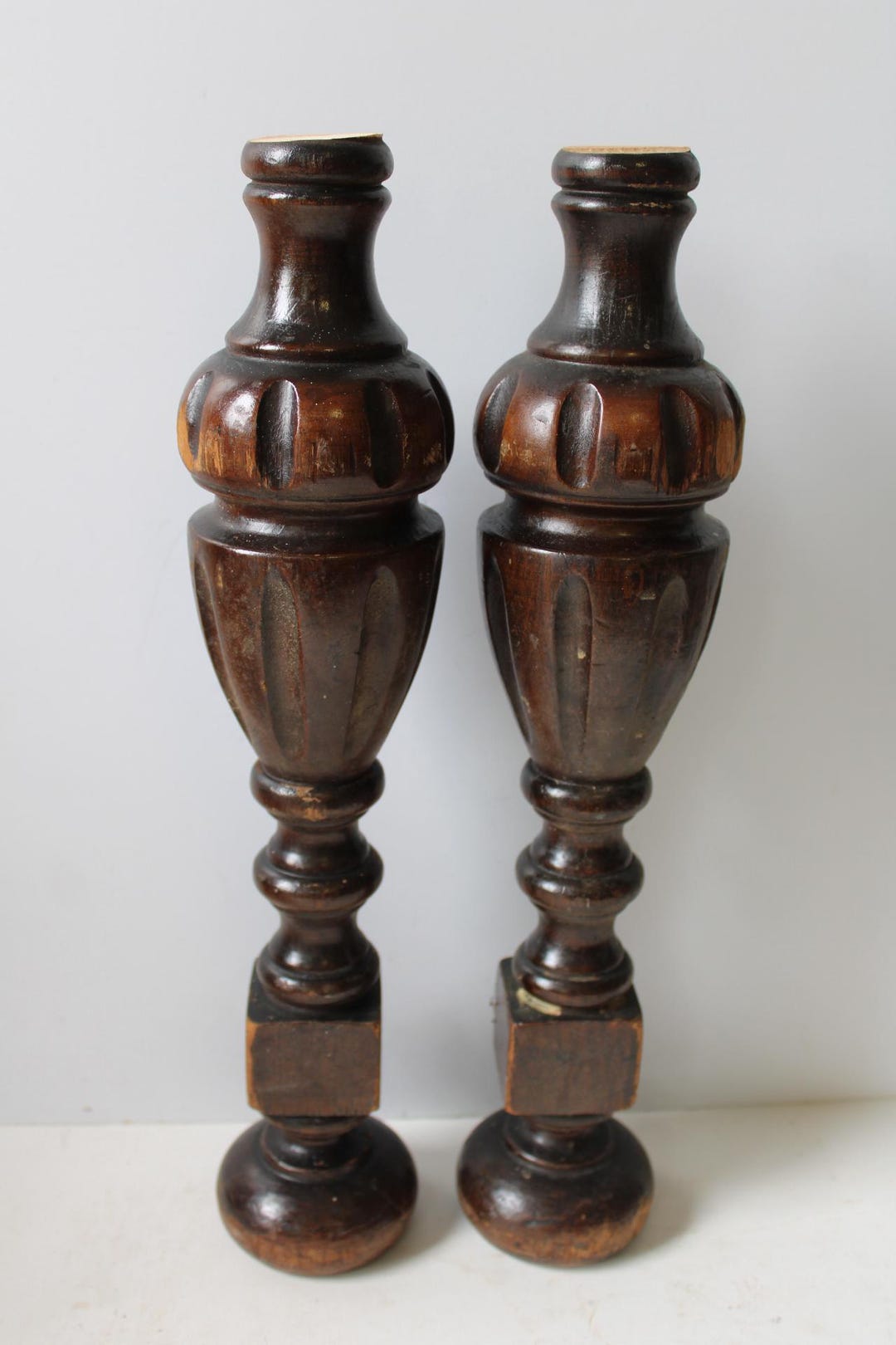 Two Vintage Wood Posts Table Legs Baluster Dark Wood Ornate Restoration ...