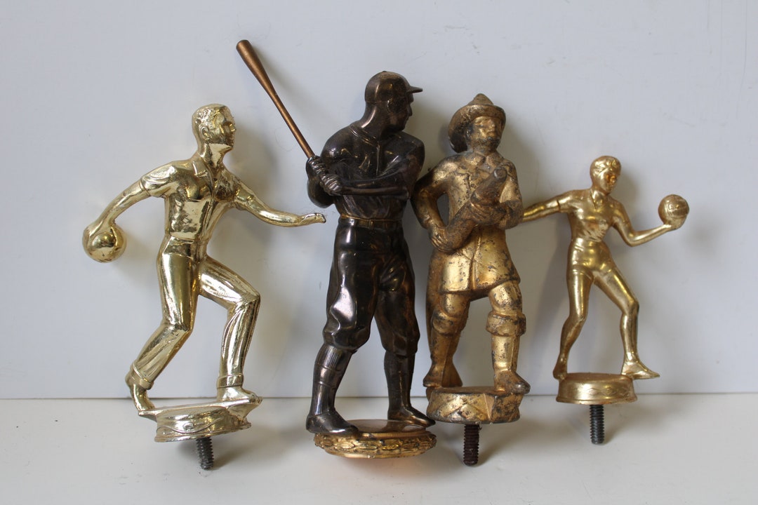Four Vintage Trophy Toppers Finials Fireman Baseball Bowling Volleyball ...