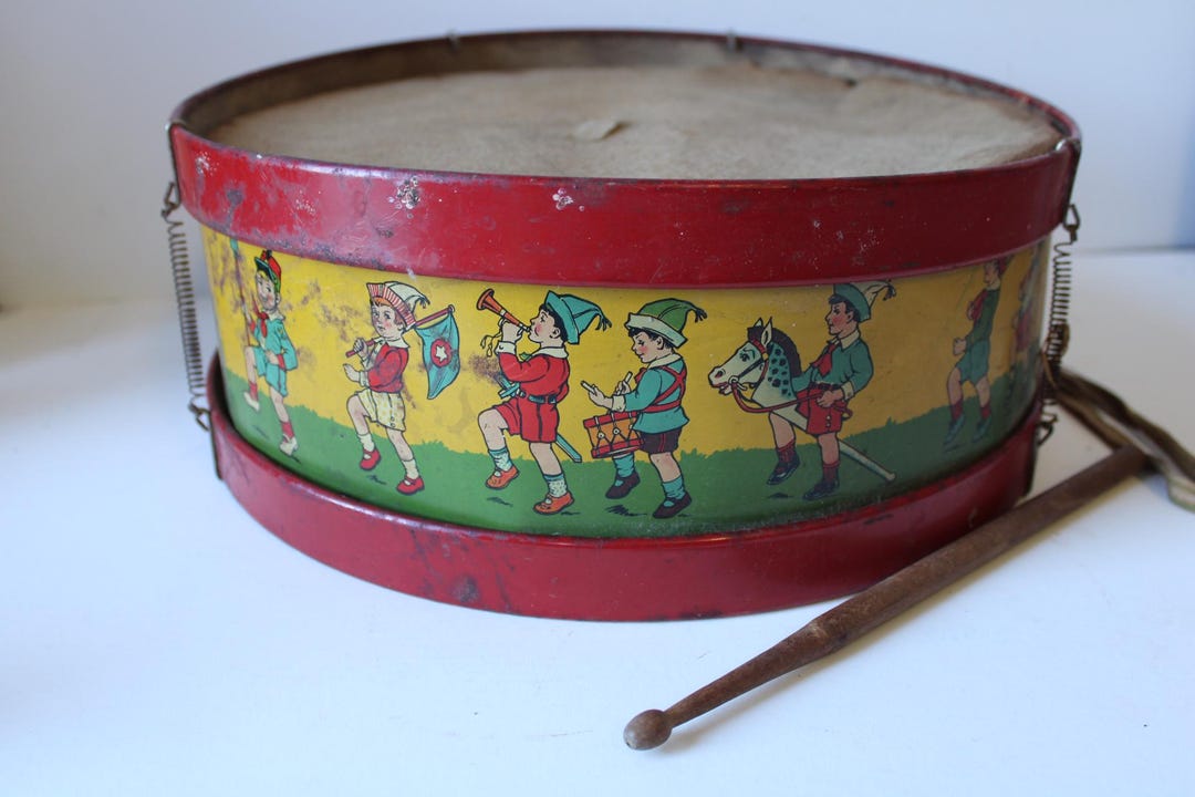 Vintage Toy Drum Tin Litho J Chein W/ Drumstick Children Soldiers ...
