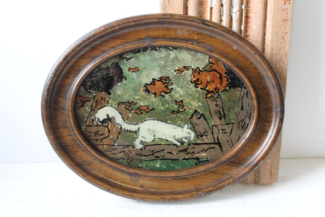 Vintage Reverse Painted Glass Framed Squirrels in Tree Oval Frame ...