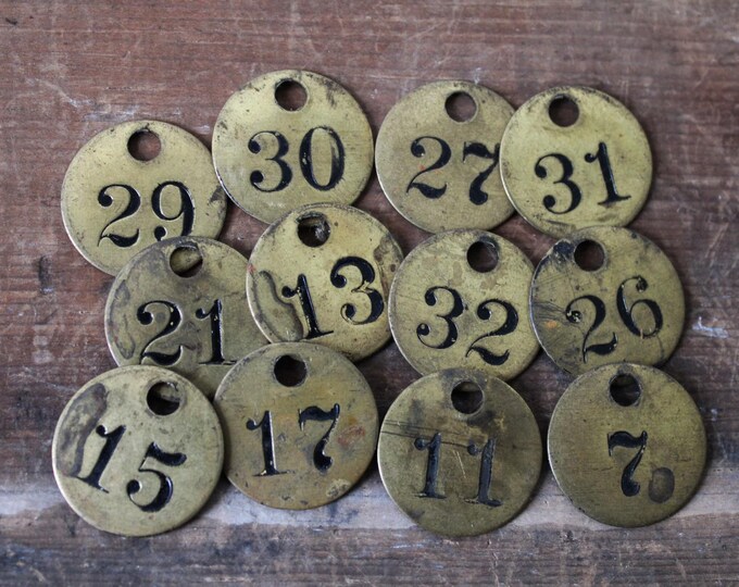 12 Numbered Brass Tags Vintage Tokens Pendant Aged Patina Industrial ...