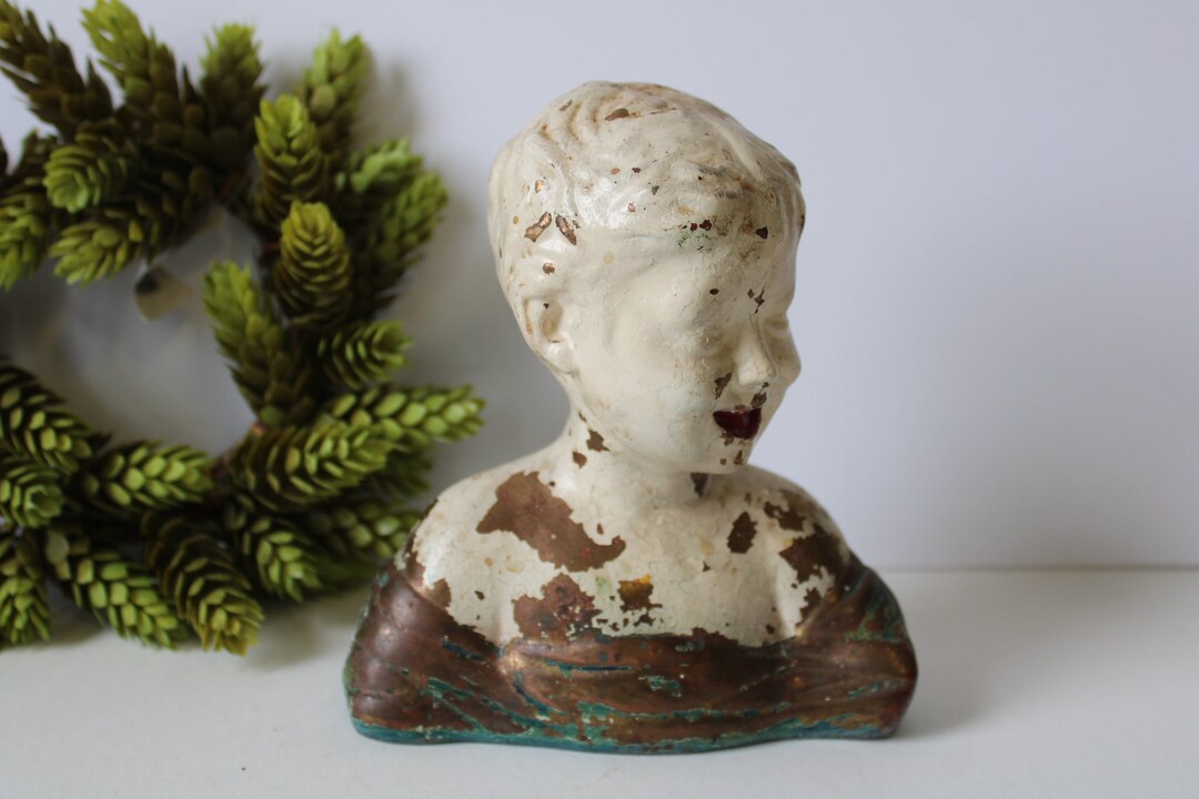 Vintage Figural Bookend Statue Happy Child Boy Girl Chippy Painted Old ...