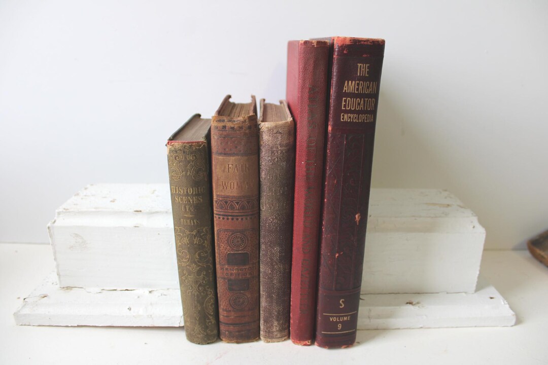 Five Old Books Shades of Red Brown Hardcover Antique Book Aged Display ...