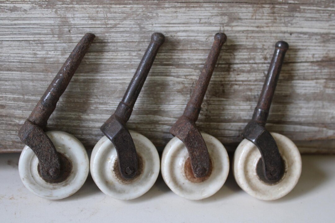 4 Vintage Casters White Porcelain Wheels Antique Set Furniture ...