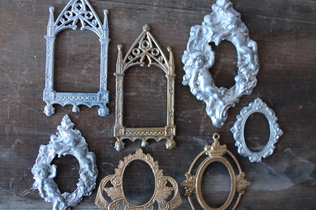 Seven Vintage Miniature Frames Ornate Metal Cathedral Arch Oval Cherubs ...