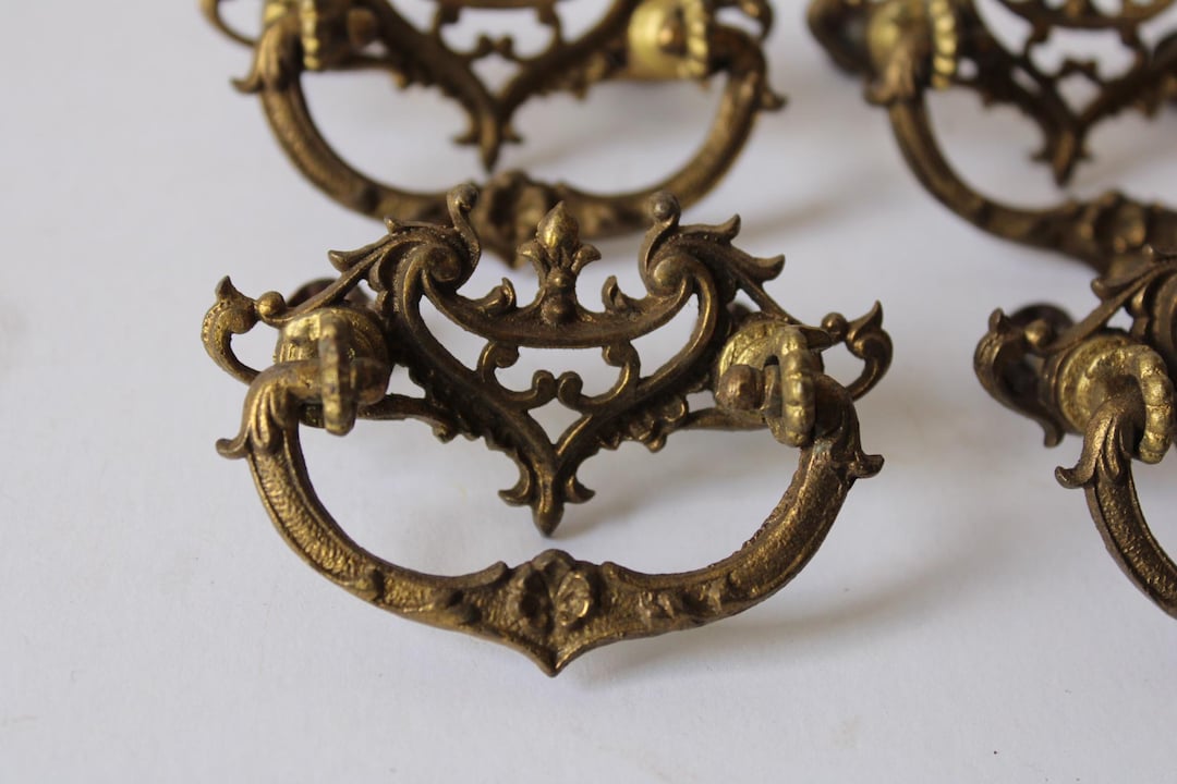 Four Antique Brass Drawer Handles Ornate Drop Pull Architectural ...