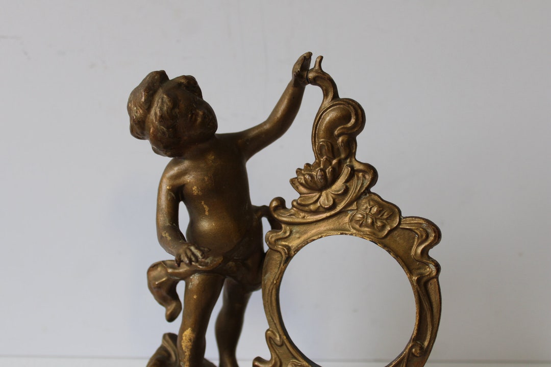 Antique Clock Frame Figural Cherub Child Pedestal Aged Gold Art Nouveau ...