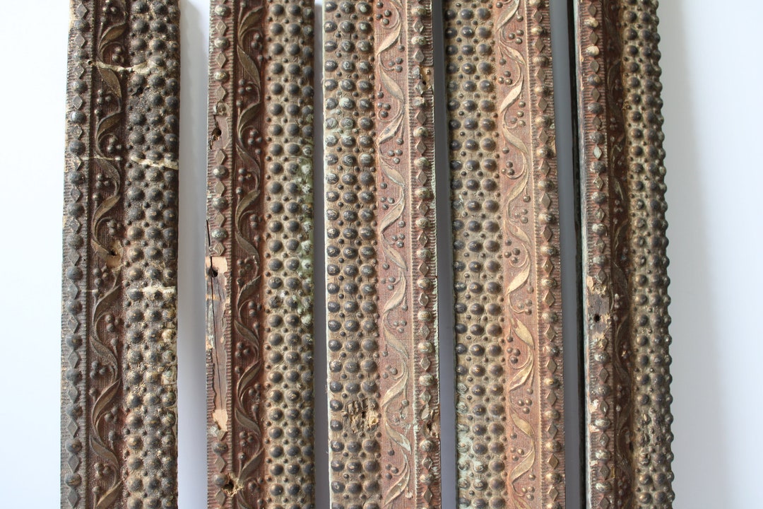 5 Salvaged Wood Boards Rails Ornate Aged Gold Beaded Trim Architectural ...