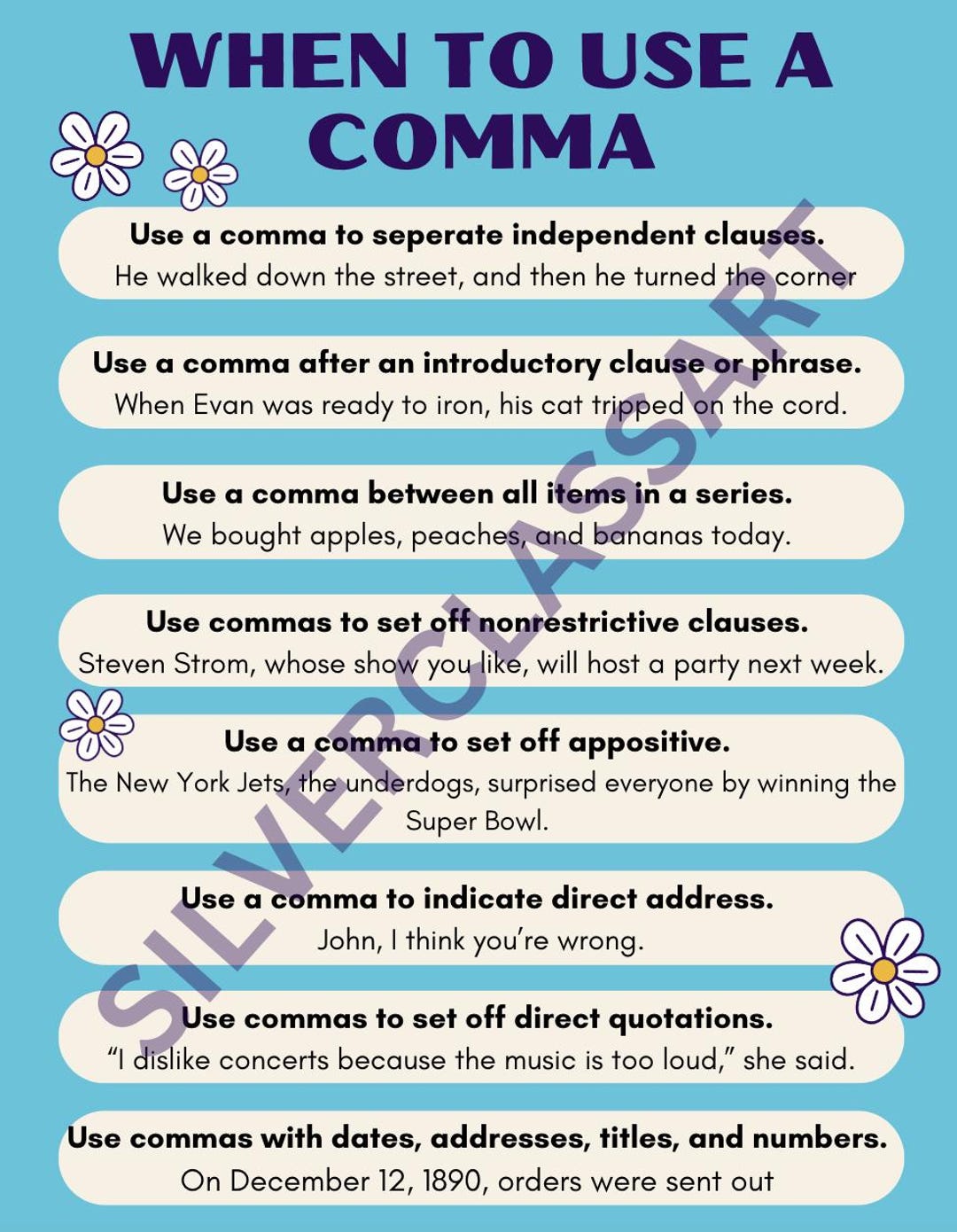 How to Use Commas Poster, Comma Poster, English Poster, When to Use A ...