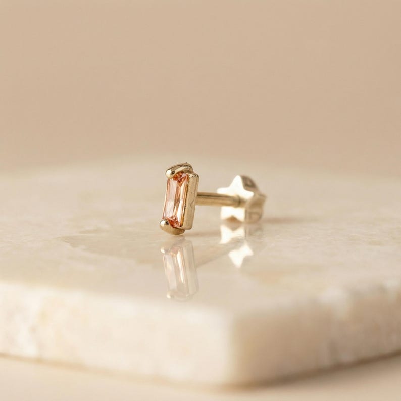 14k Solid Gold Orange Baguette Piercing, Dainty Helix Piercing, Flat ...